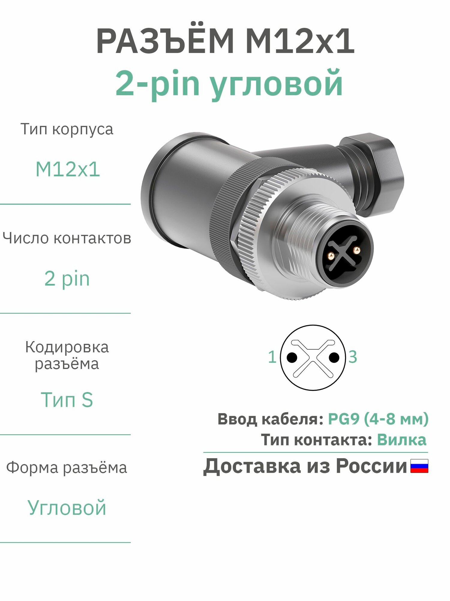 RAZM-M12-C2A-CODE-S-PG9 разъём M12 S-coding 2 pin угловой / вилка (папа) / PG9 (5-8 мм диаметр под кабель)