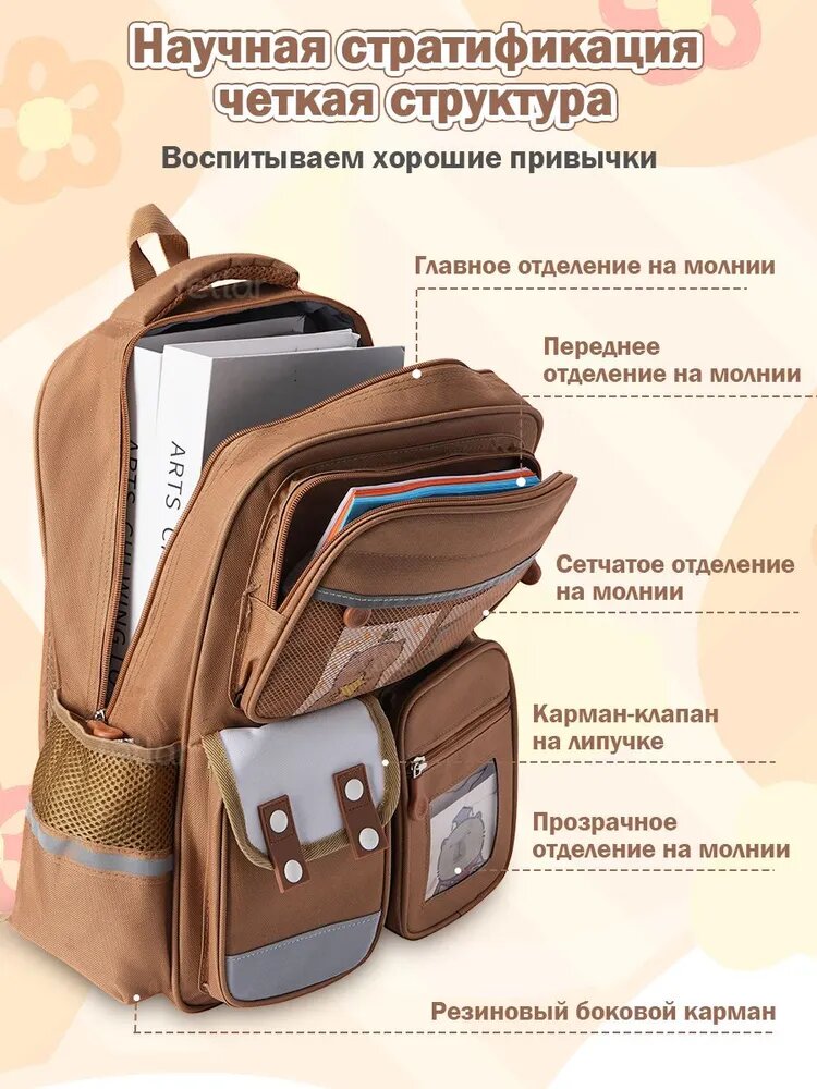 Сумка школьная "Капибара" для девочек, коричневая, из Оксфорда, 31 см — фото 1