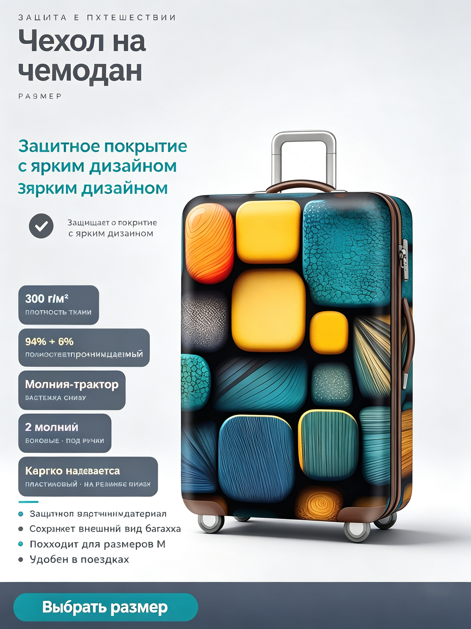 Чехол на чемодан с ярким дизайном, защита из плотной ткани 300 г/м², с молниями, для размера М