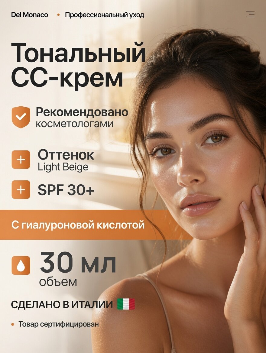 Del Monaco тональный CC крем для лица SPF 30, увлажняющий, Light Beige, 30 мл