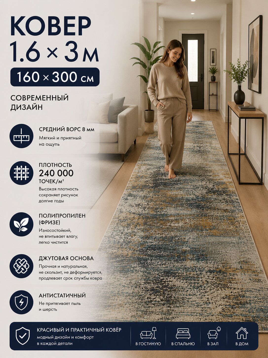 Ковер турецкий на пол в гостиную в спальню 160х300 см современный ворс 8 мм 279261 ковренок
