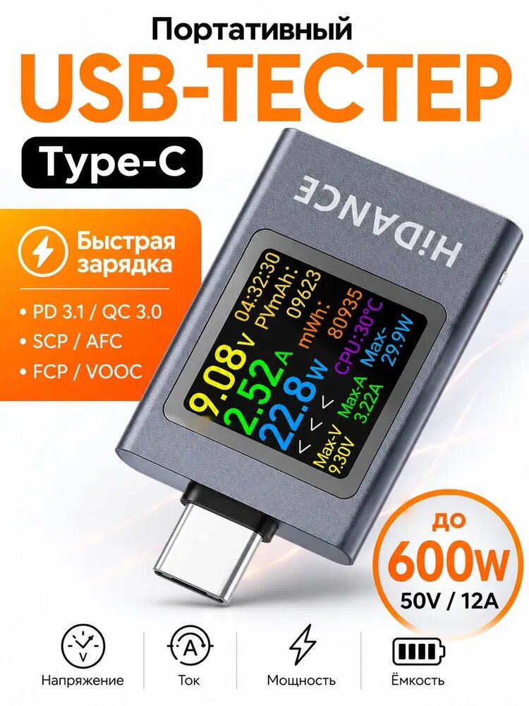 USB-тестер HiDance HDC-085C (600W, 50V, 12A, PD 3.1) Цветной OLED-дисплей, цифровой измеритель мощности Type-C, USB тестер зарядки