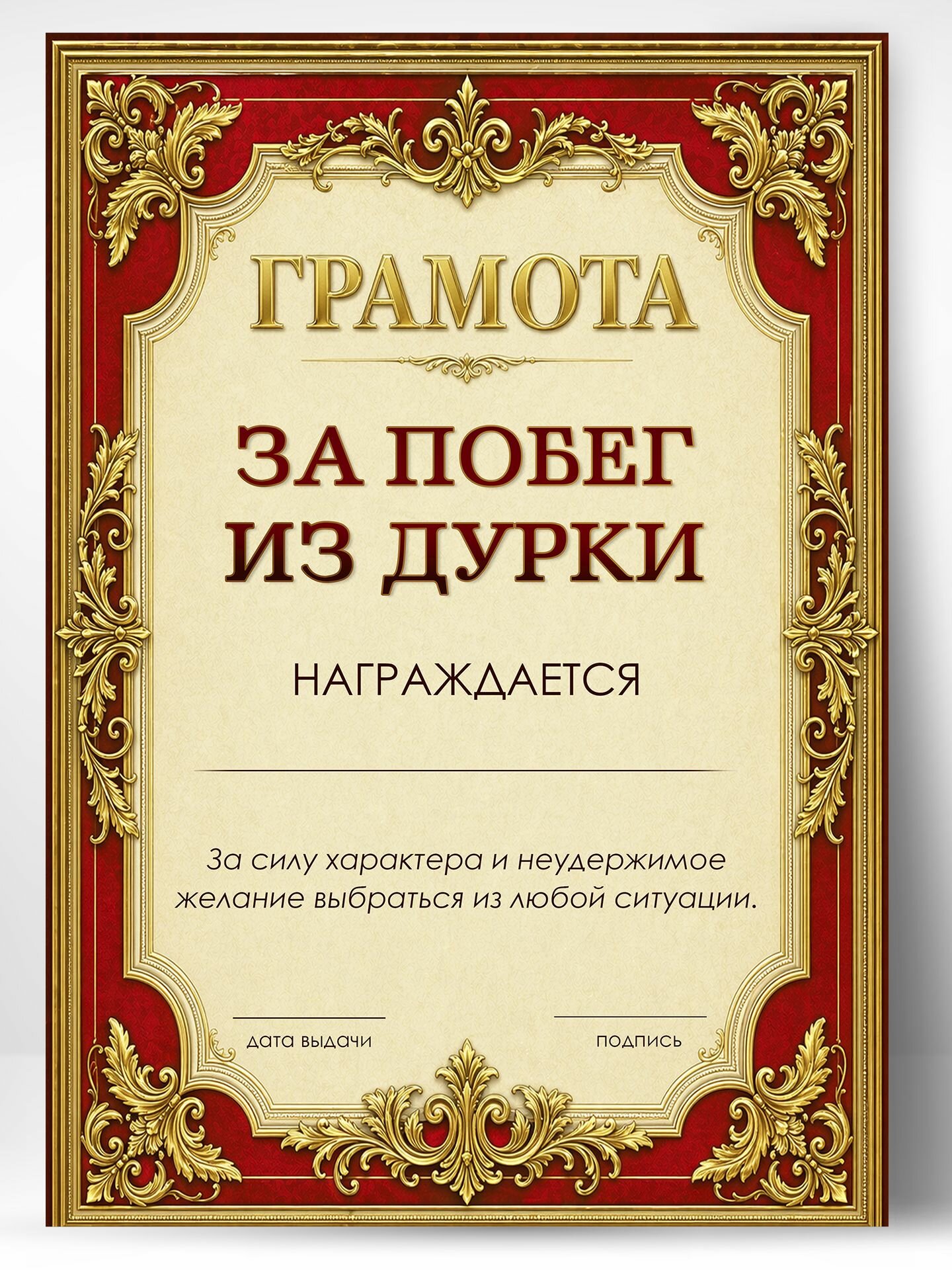 Шуточный диплом за побег из дурки грамота А4