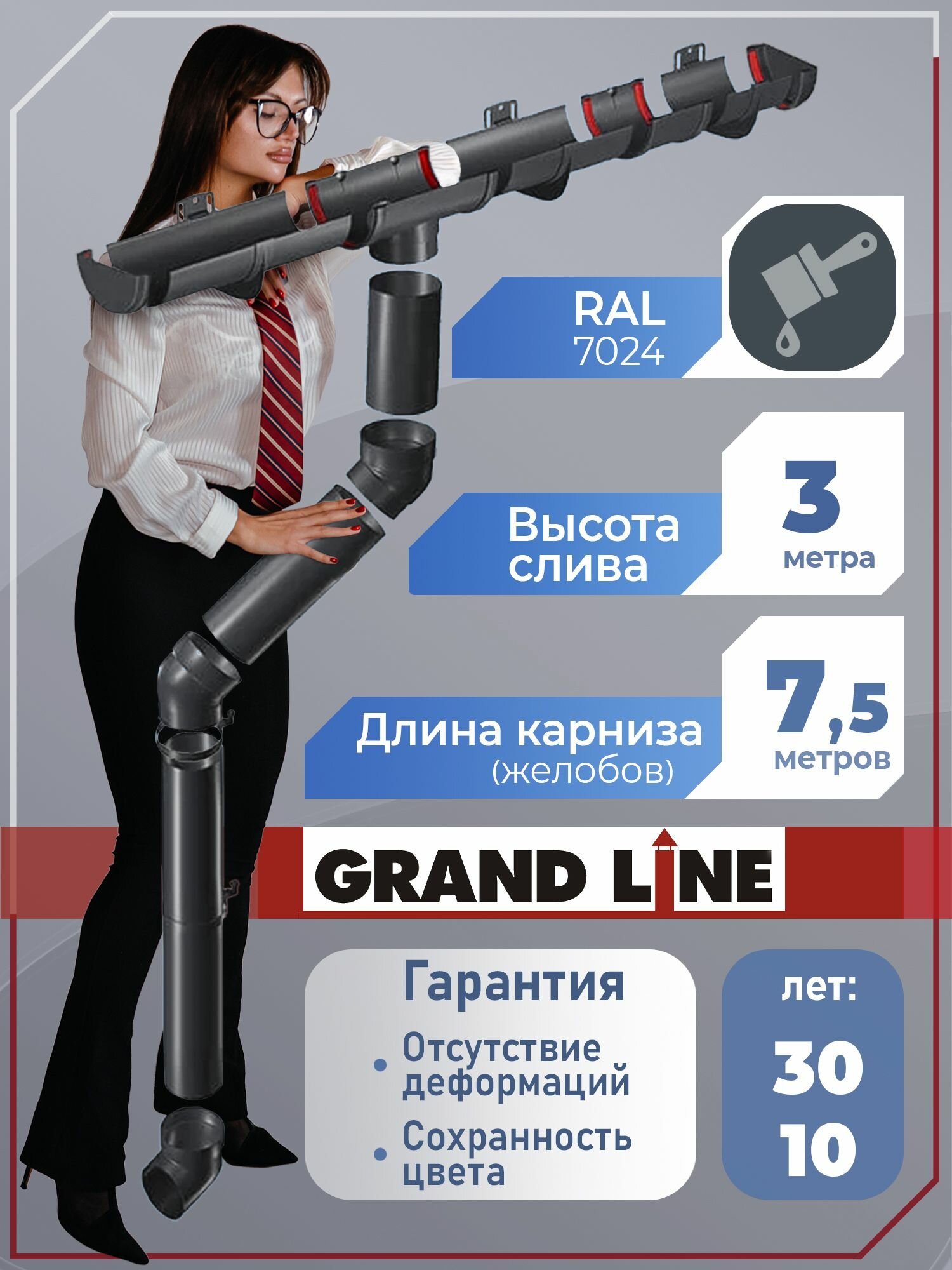 Grand Line Водосточная система (длина 7,5 м /высота 3 м) серый 1 слив RAL 7024 графит , водосток для крыши пластиковый Гранд Лайн ( 120 мм/ 90 мм ) комплект элементов ПВХ