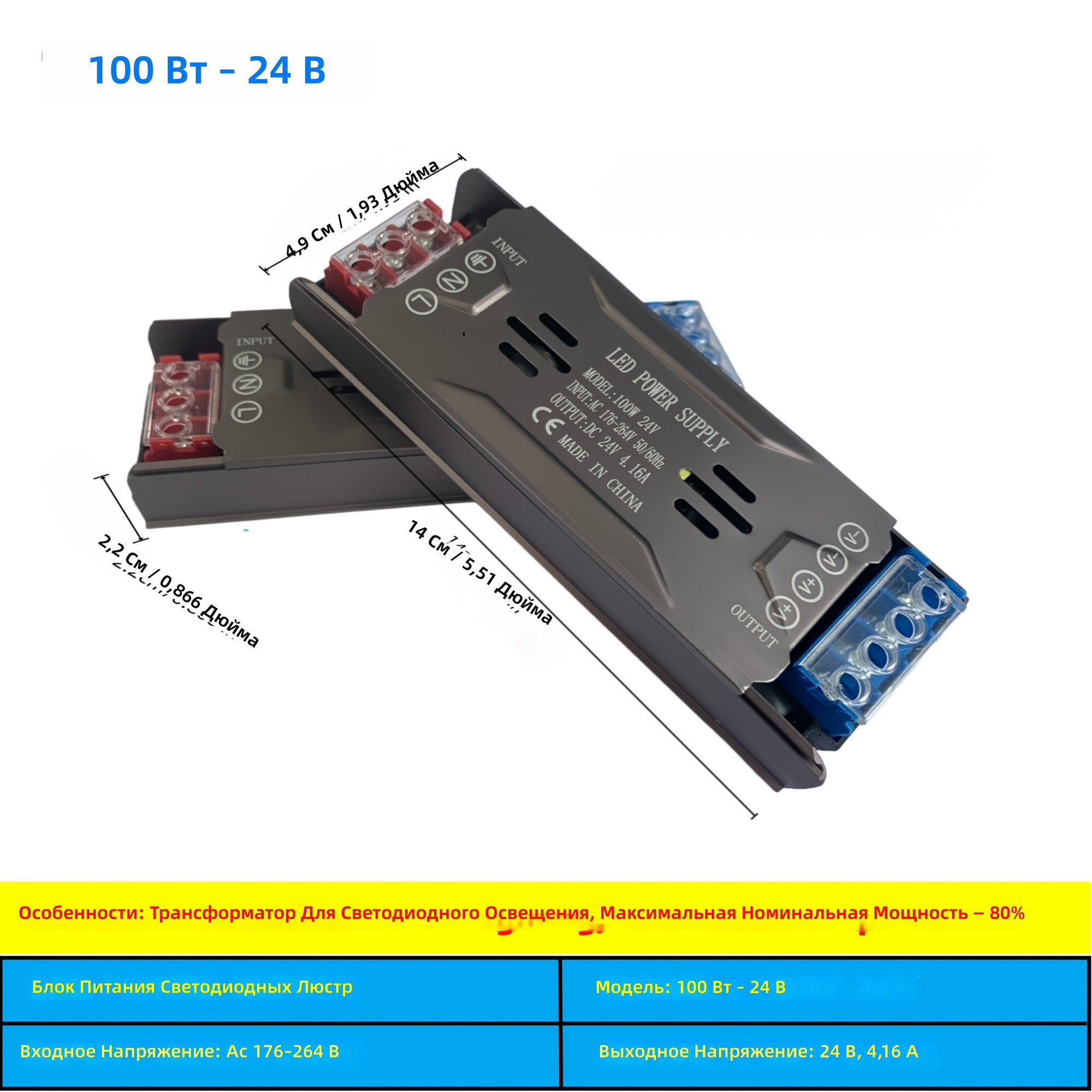Блок питания для светодиодной ленты 100W 24V, AC176-264V в DC24V, с защитой от молнии, перенапряжения, перегрузки и короткого замыкания