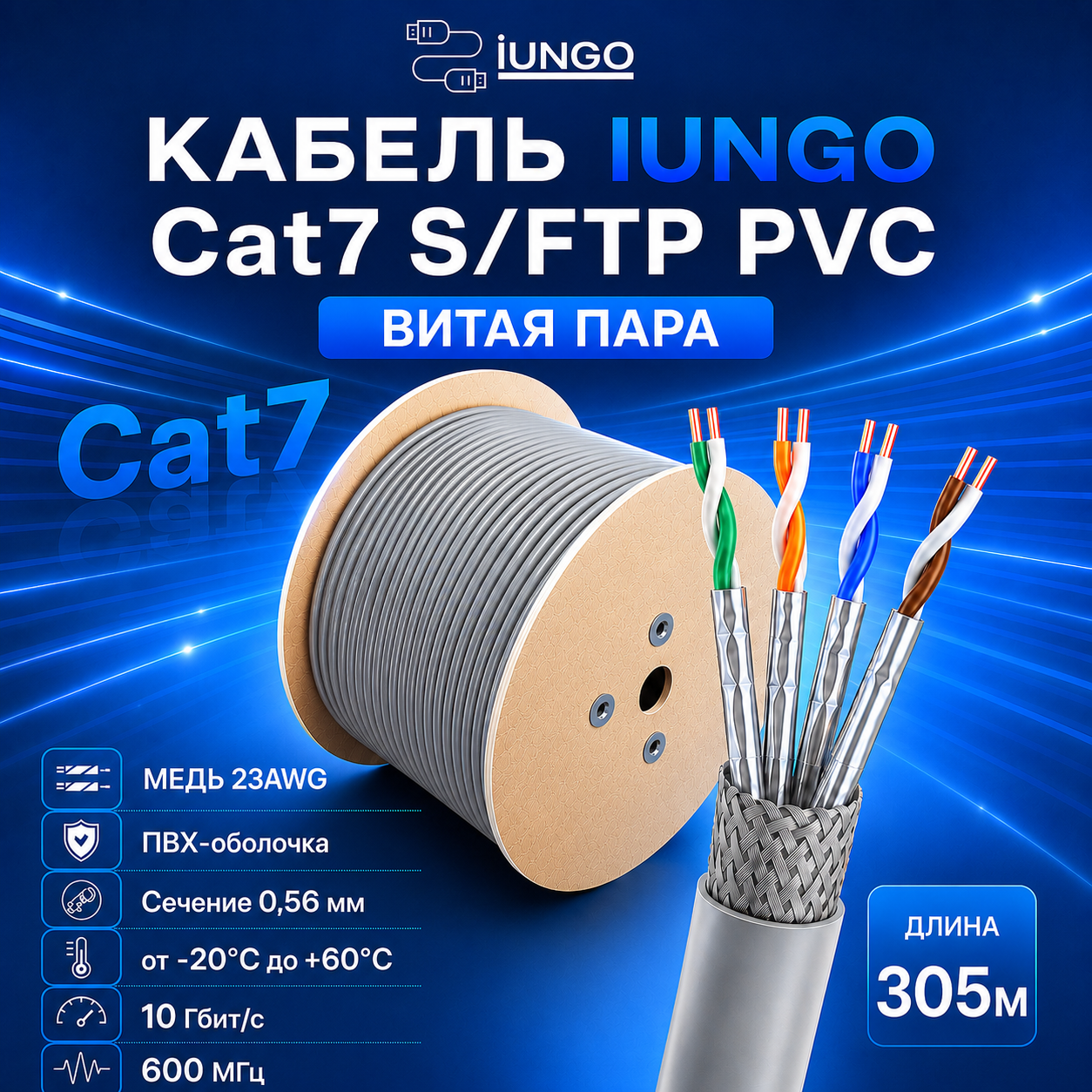 Кабель iungo Cat7 S/FTP 4x2x0.560мм PVC, 305 метров, Zhaolong