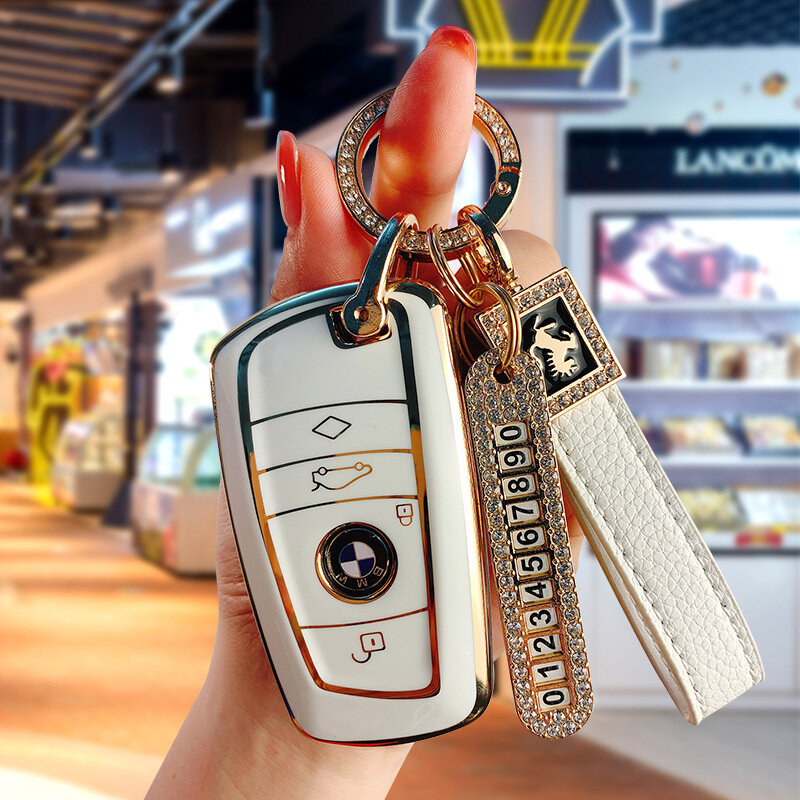 BMW Квадратный чехол для ключа 3/5/7 Серии - Белый с белой квадратной веревкой и золотой табличкой