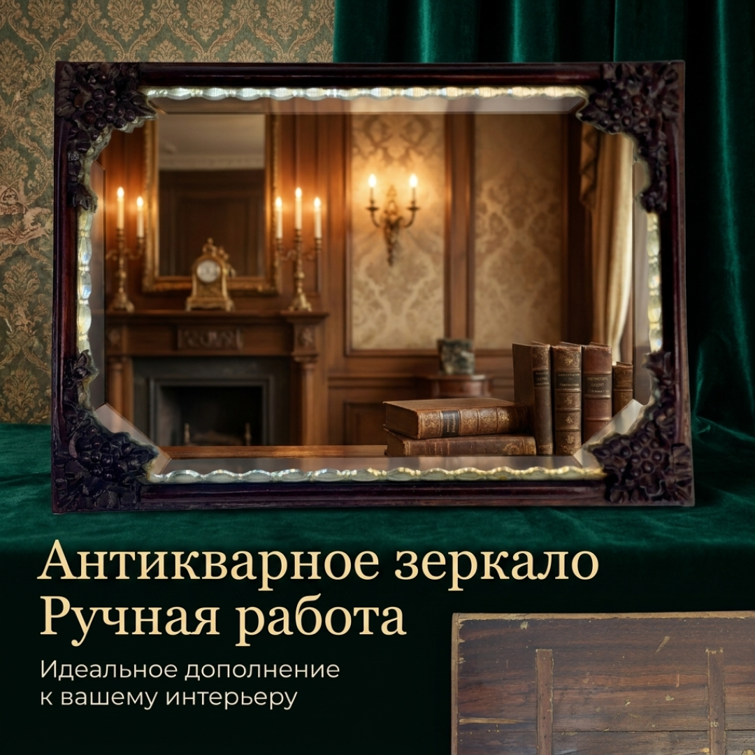 Зеркало винтажное, СССР. Деревянная резная рама с декоративным виноградным узором
