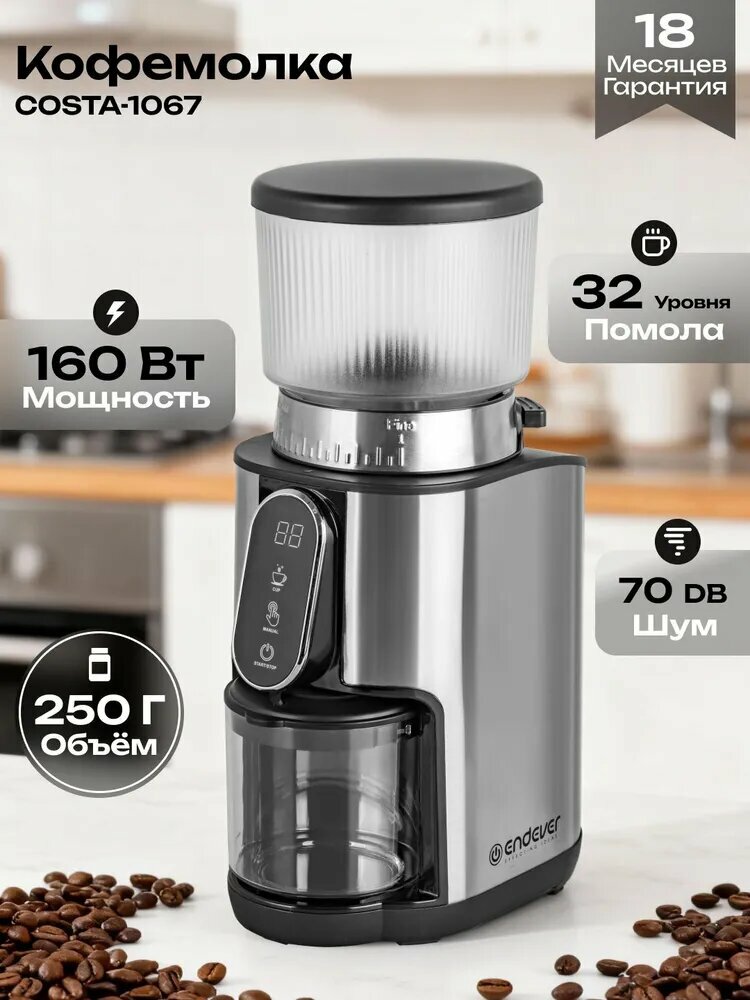 ENDEVER Кофемолка электрическая жернова из стали для кофе и специй 250 г / 160 Вт Costa-1067