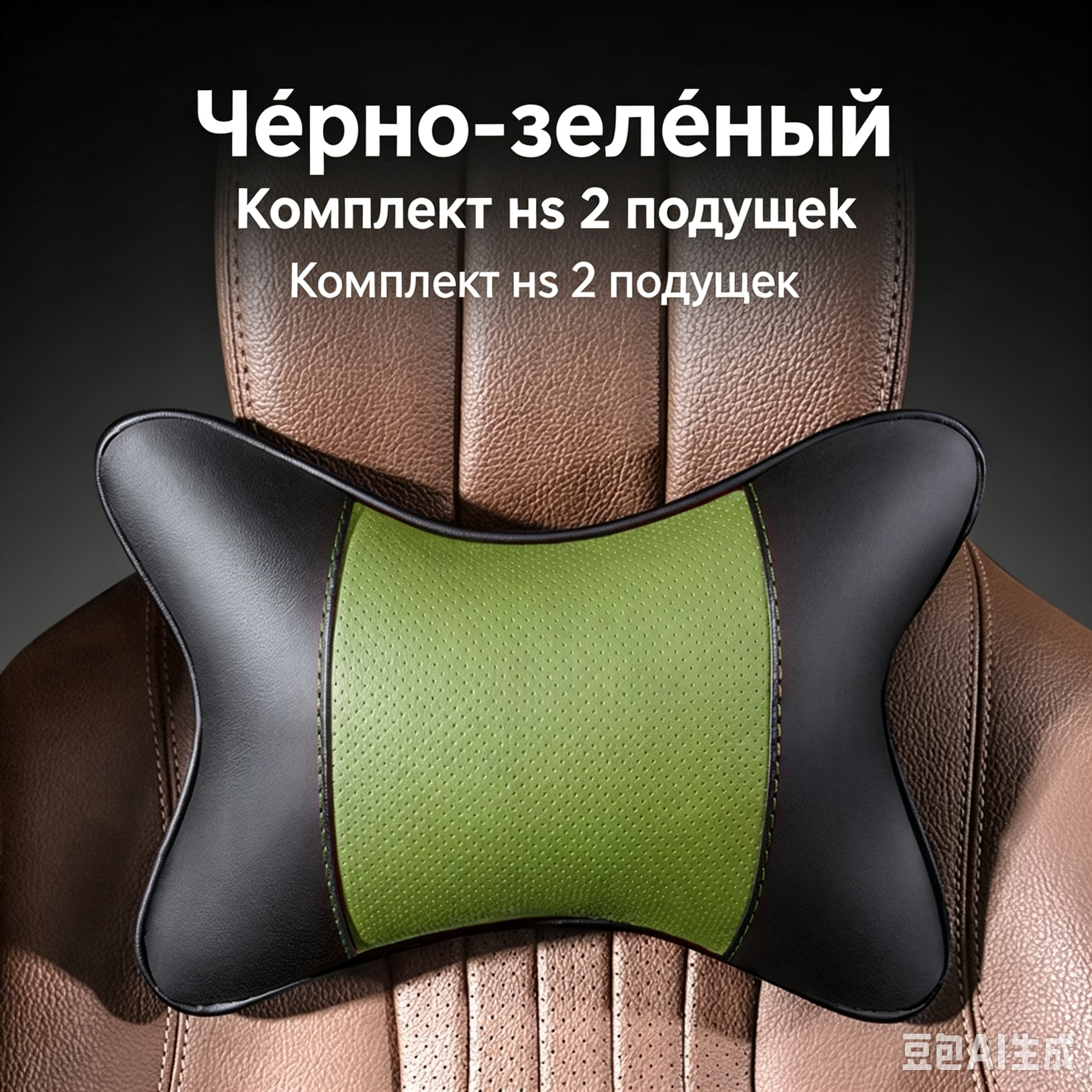 Подушка автомобильная на подголовник, комплект 2 шт, чёрно-зелёная, экокожа, съёмный наполнитель