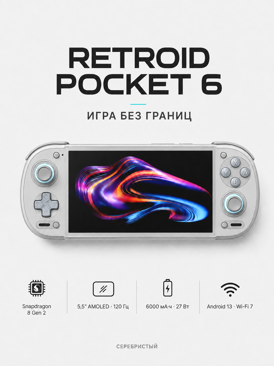 Retroid Pocket 6 серебристо-серый 8/128 ГБ портативная ретро-консоль для аркадныхигр