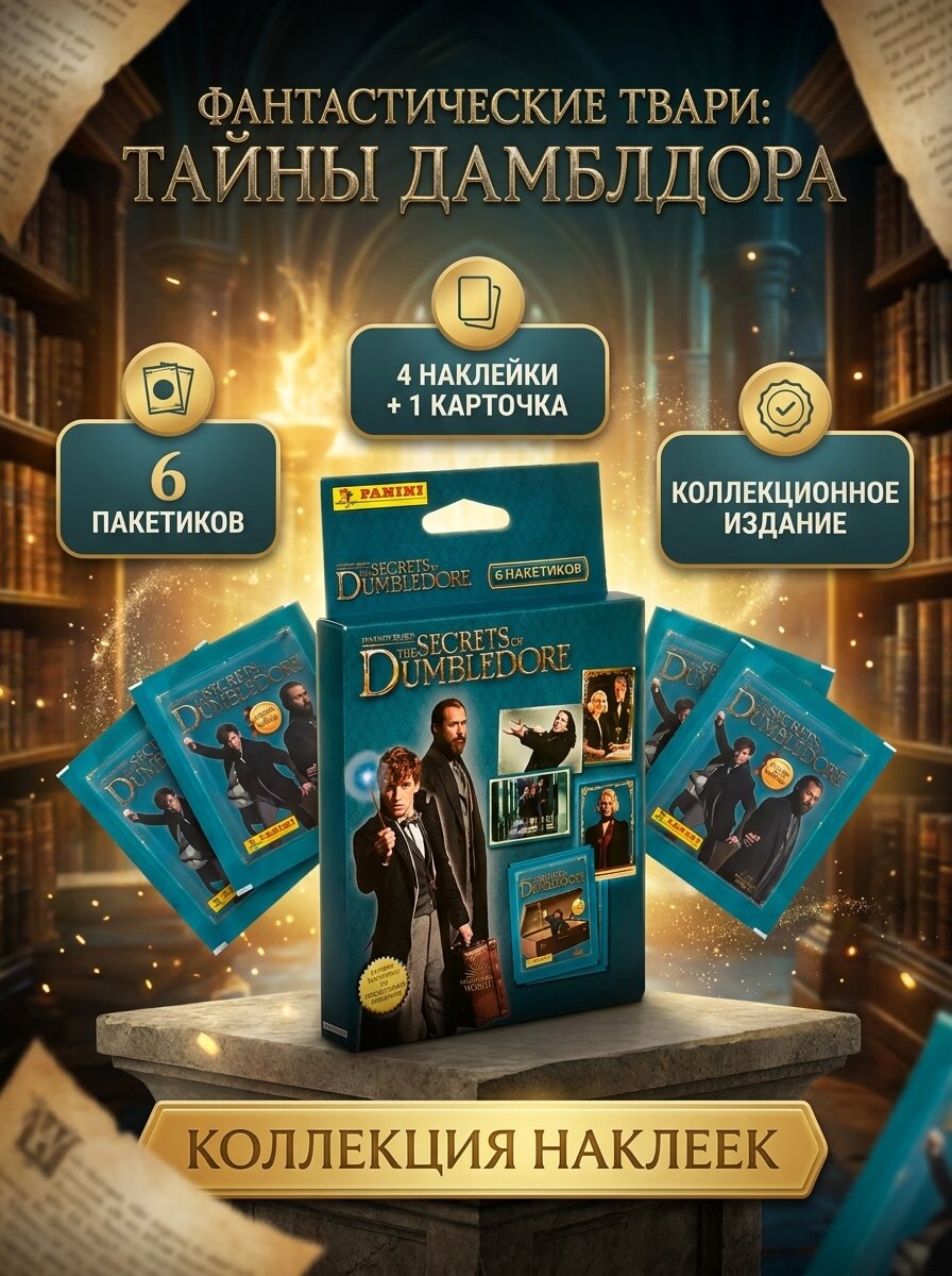 Блистер Фантастические твари: Тайны Дамблдора Panini (6 пакетиков, 4 наклейки и 1 карточка в пакетике)