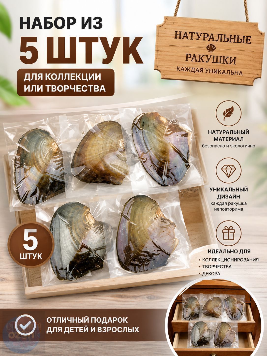 Ракушка с жемчужиной, жемчуг в ракушке натуральный, набор из 5 штук
