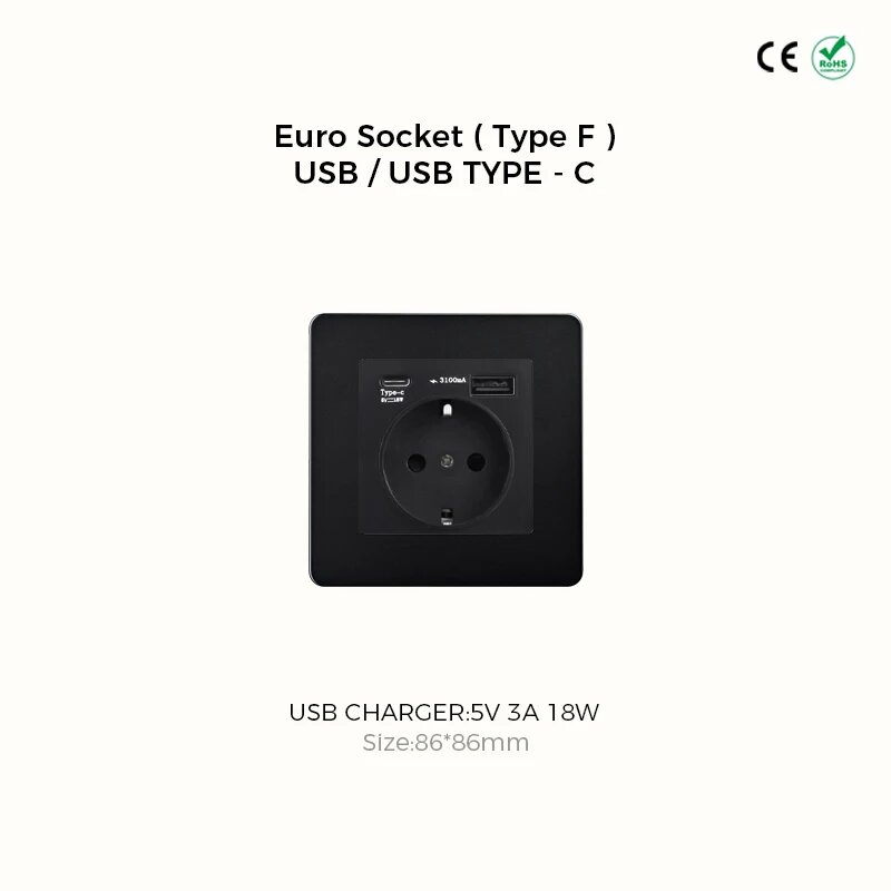Розетка Euro Socket (Type F) USB/USB Type-C, черная