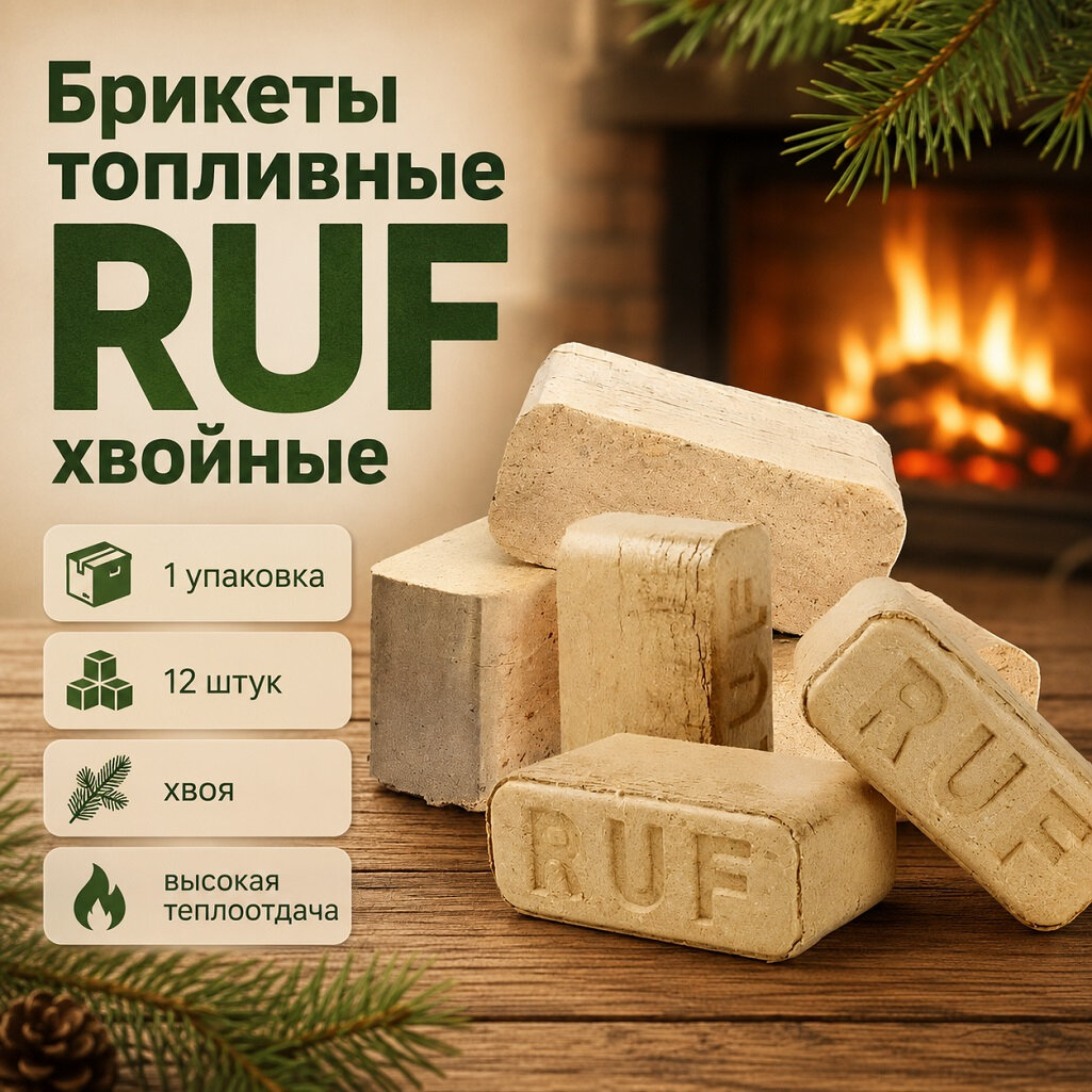 Брикеты топливные RUF Хвойные, для печей и каминов, в упаковке 12 штук
