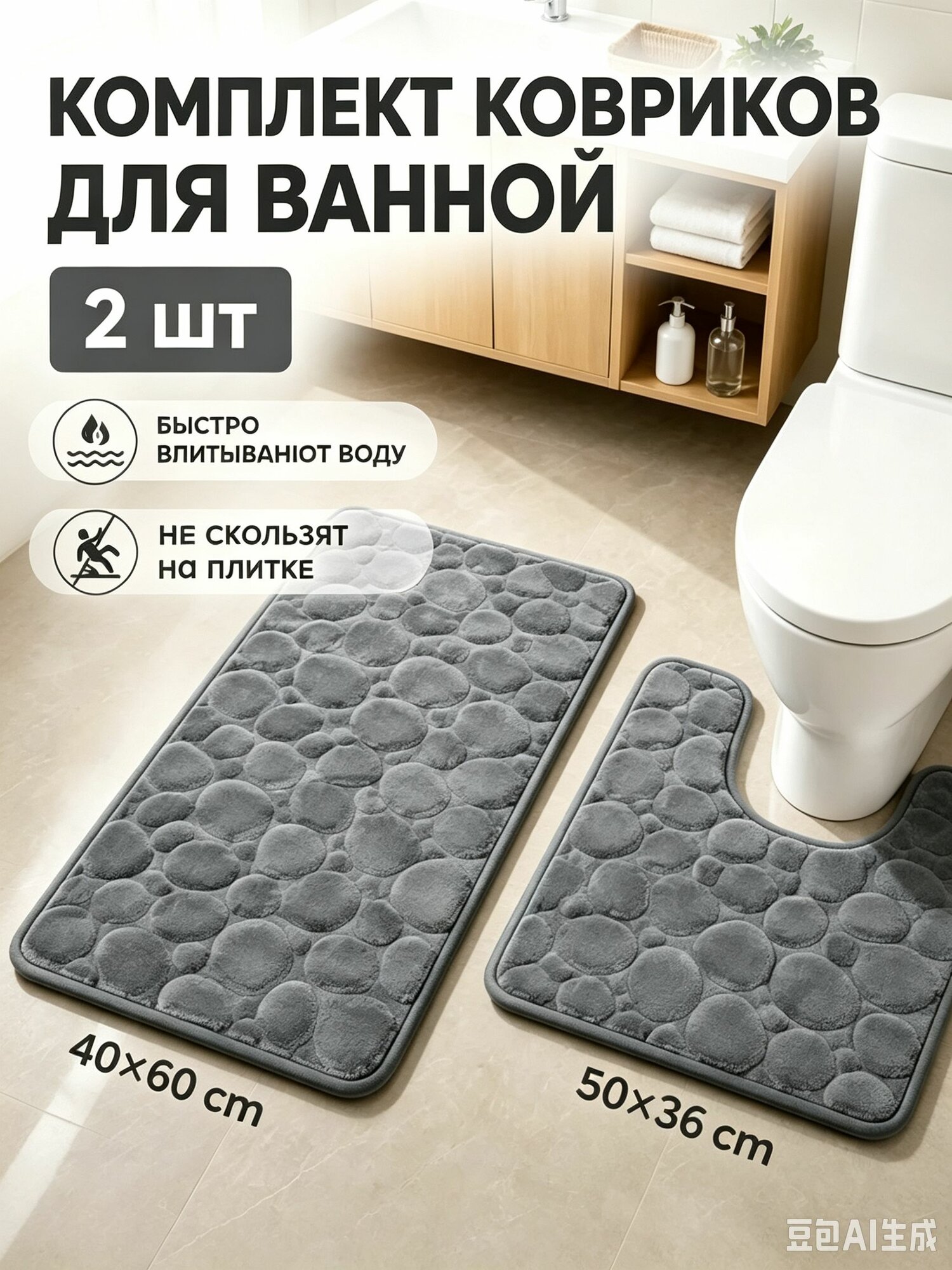 Комплект ковриков для ванной и туалета 2 шт 40x60 и 50x36 см камень серый