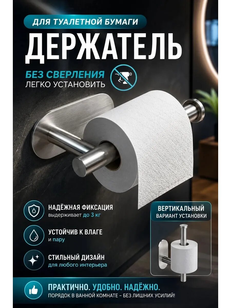 Держатель для туалетной бумаги без сверления самоклеящийся