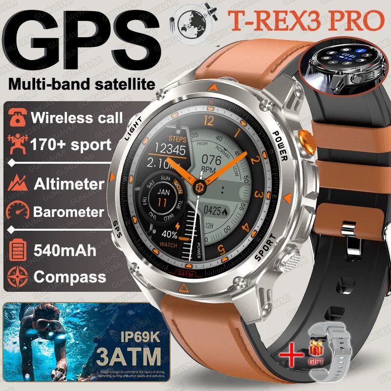 GUHUAVMI T-Rex3 Ultra Military GPS Smart Watch Brown Leather