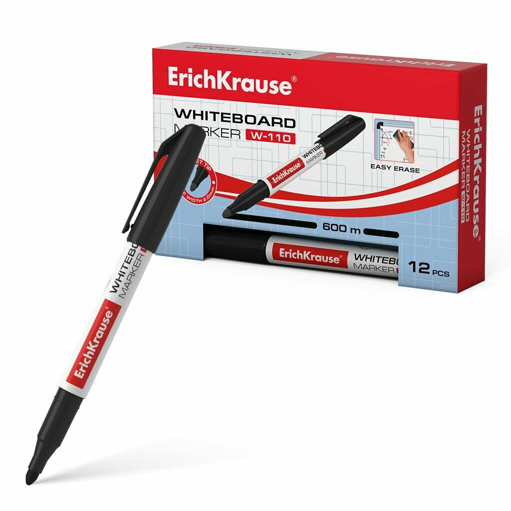 Маркер для досок ErichKrause W-110, цвет чернил черный (в коробке по 12 шт.)