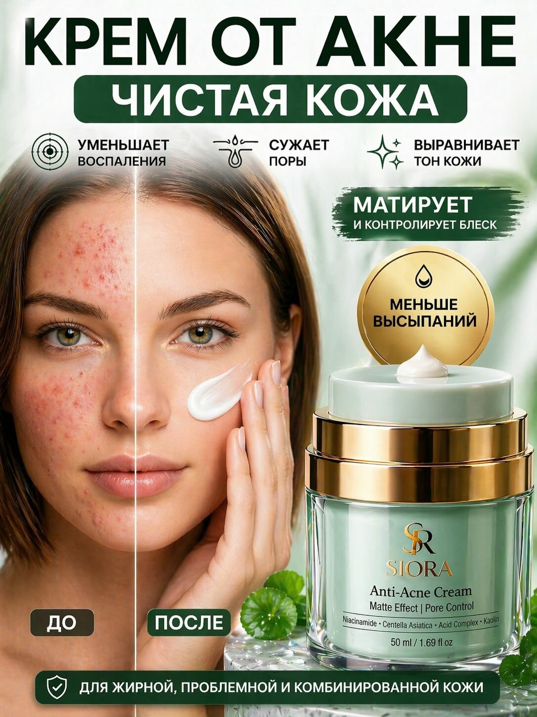 SIORA Крем от прыщей и акне для лица матирующий азелаиновая и салициловая кислота, ниацинамид, для жирной и комбинированной кожи, 50 мл