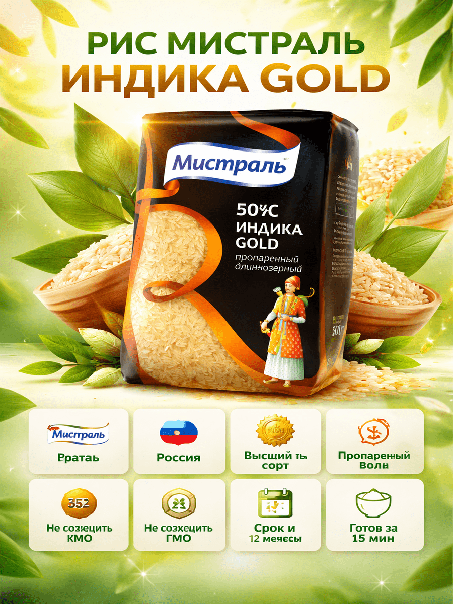 Крупа рис Мистраль Индика Gold длиннозерный пропаренный, 500г