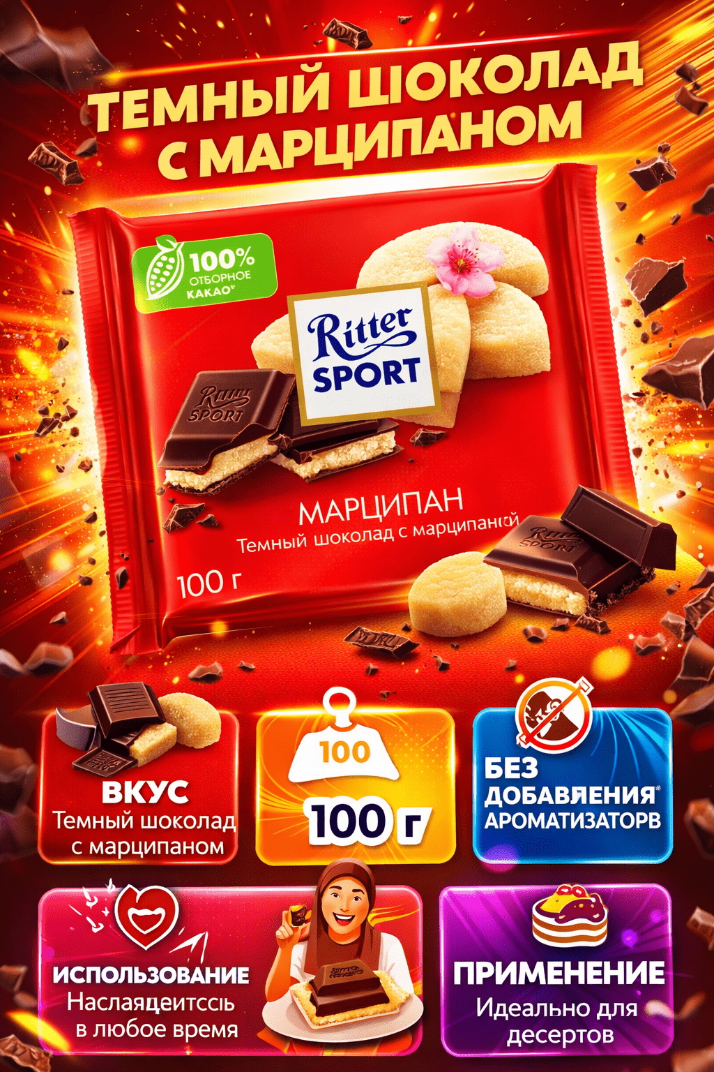 RITTER SPORT Темный шоколад с марципаном, 100 г