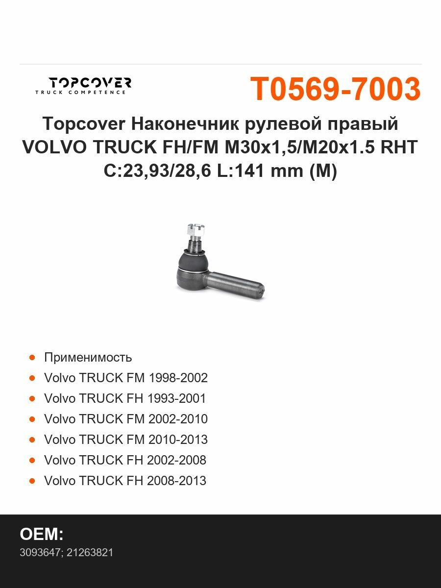 Topcover Наконечник рулевой правый VOLVO TRUCK FH/FM M30x1,5/M20x1.5 RHT C:23,93/28,6 L:141 mm (M)