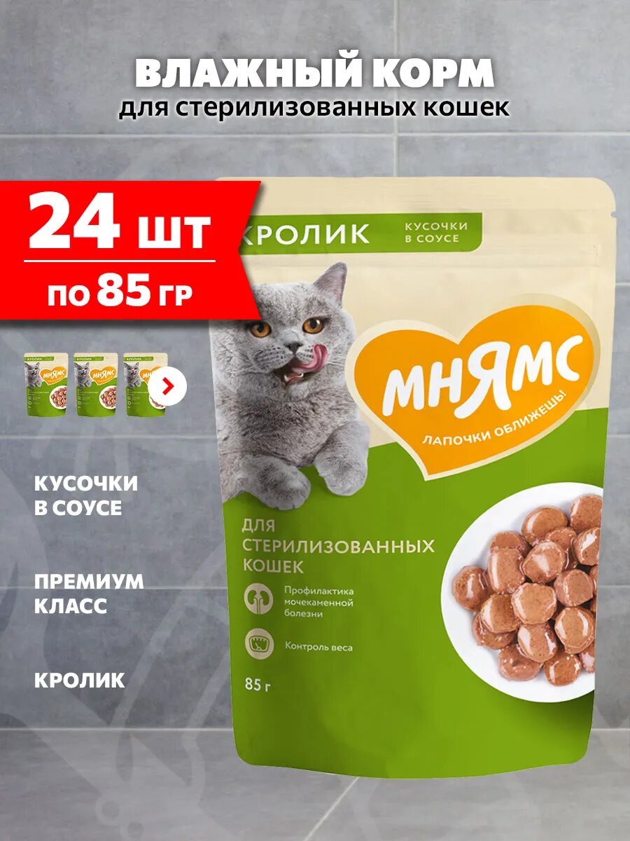 Корм влажный Мнямс для взрослых кастрированных котов и стерилизованных кошек, кролик в соусе, 85 г х 24 шт