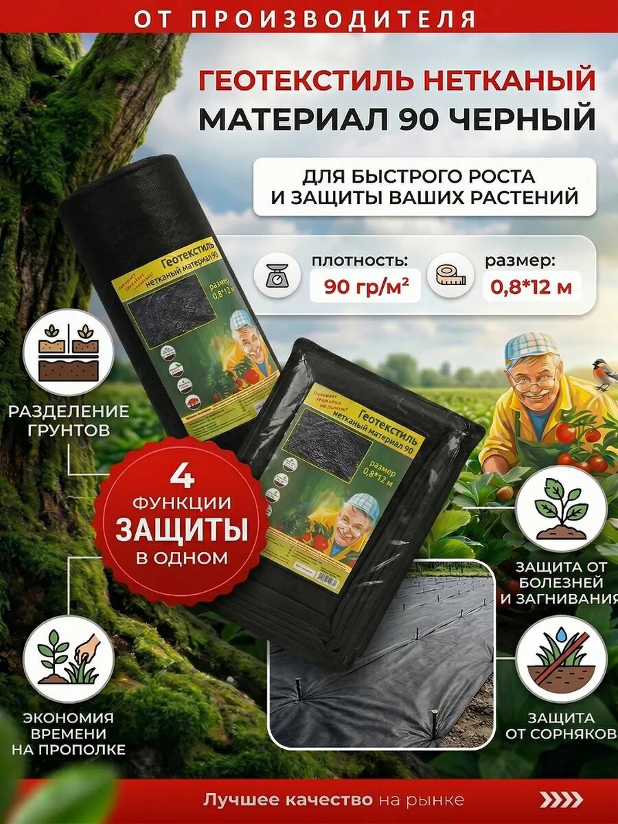 Геотекстиль нетканый черный кзнм ТМ "Лента" 90, размер: 0.8*12 м.