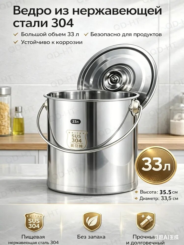 Ведро пищевое, Нержавеющая сталь, 33 л
