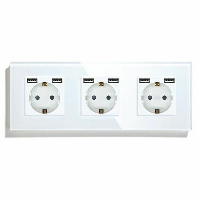Розетка электрическая 3 поста, с Usb АА, рамка 228х86мм стекло, цвет белый