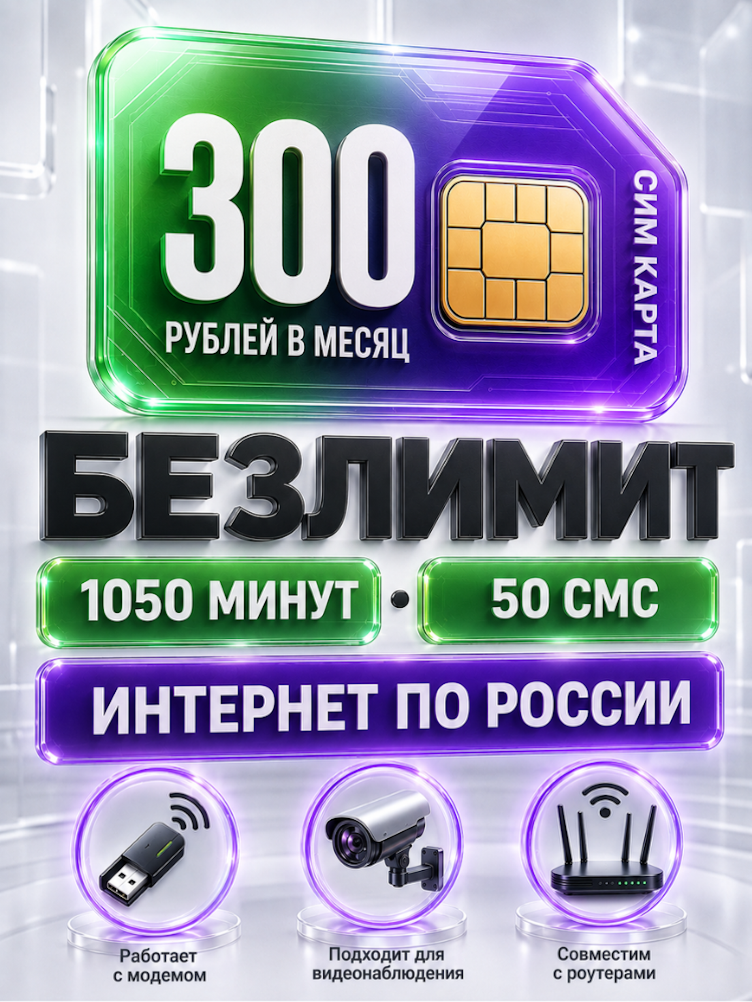 Сим карта Безлимитный интернет по РФ 300 рублей в месяц для мобильных модемов и роутеров 4G LTE YFMV2