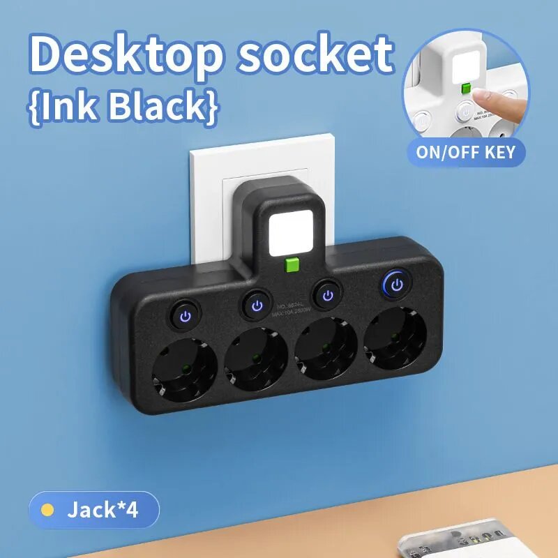 Многофункциональная розетка-адаптер, 4 гнезда + USB/Type-C, черная, с выключателями, защита от перегрева