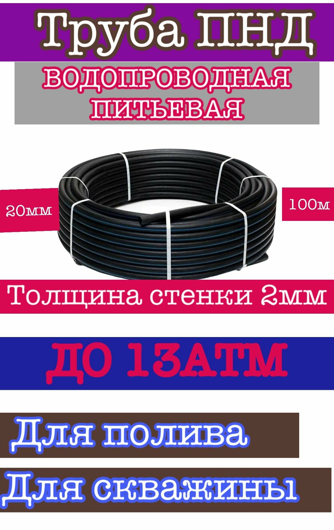 Труба питьевая напорная ПНД, диаметр 20х2.0, 100м