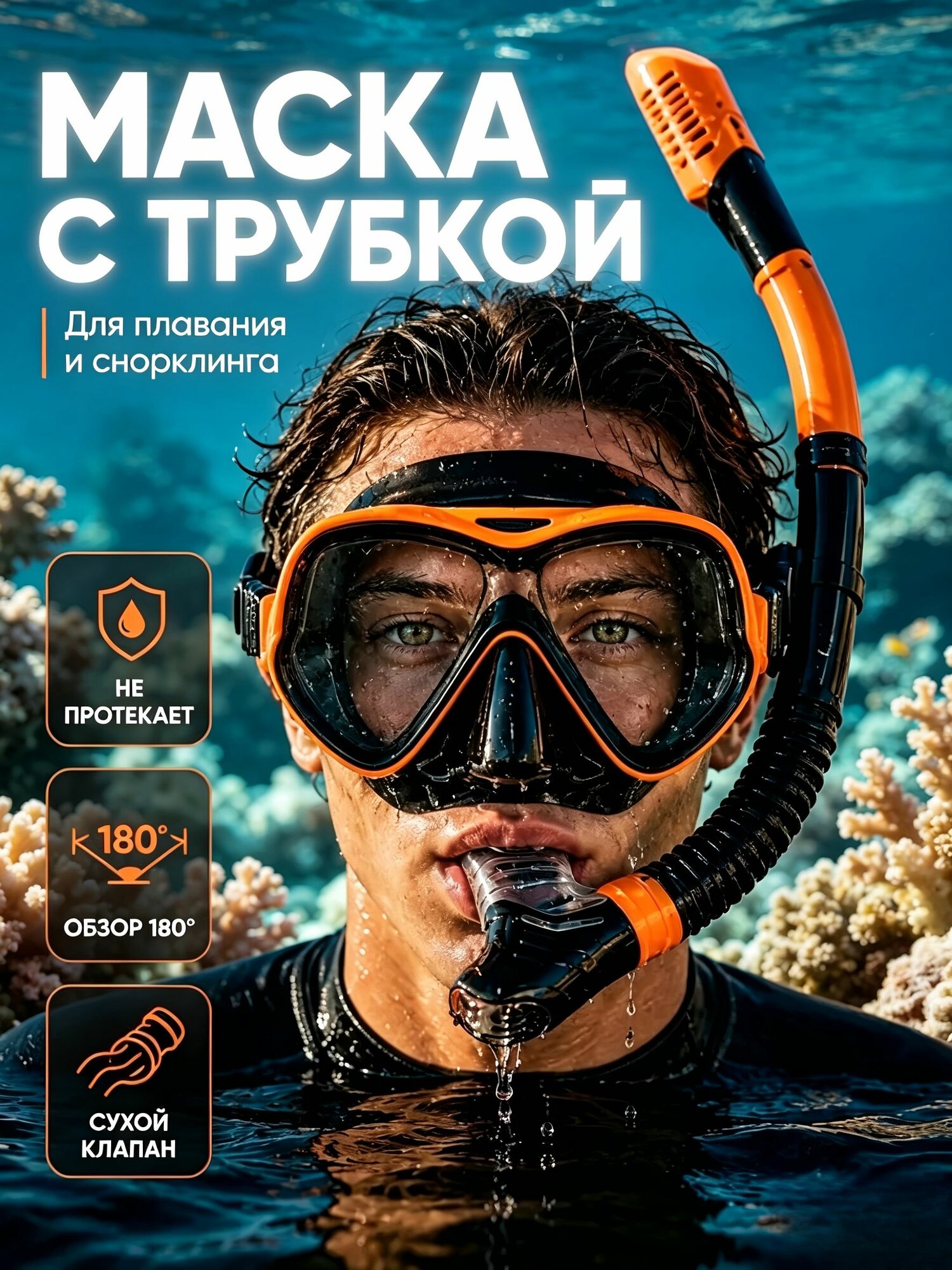 Маска для плавания и ныряния с трубкой для снорклинга и погружений / Полнолицевая панорамная маска с трубкой 180, защита от воды