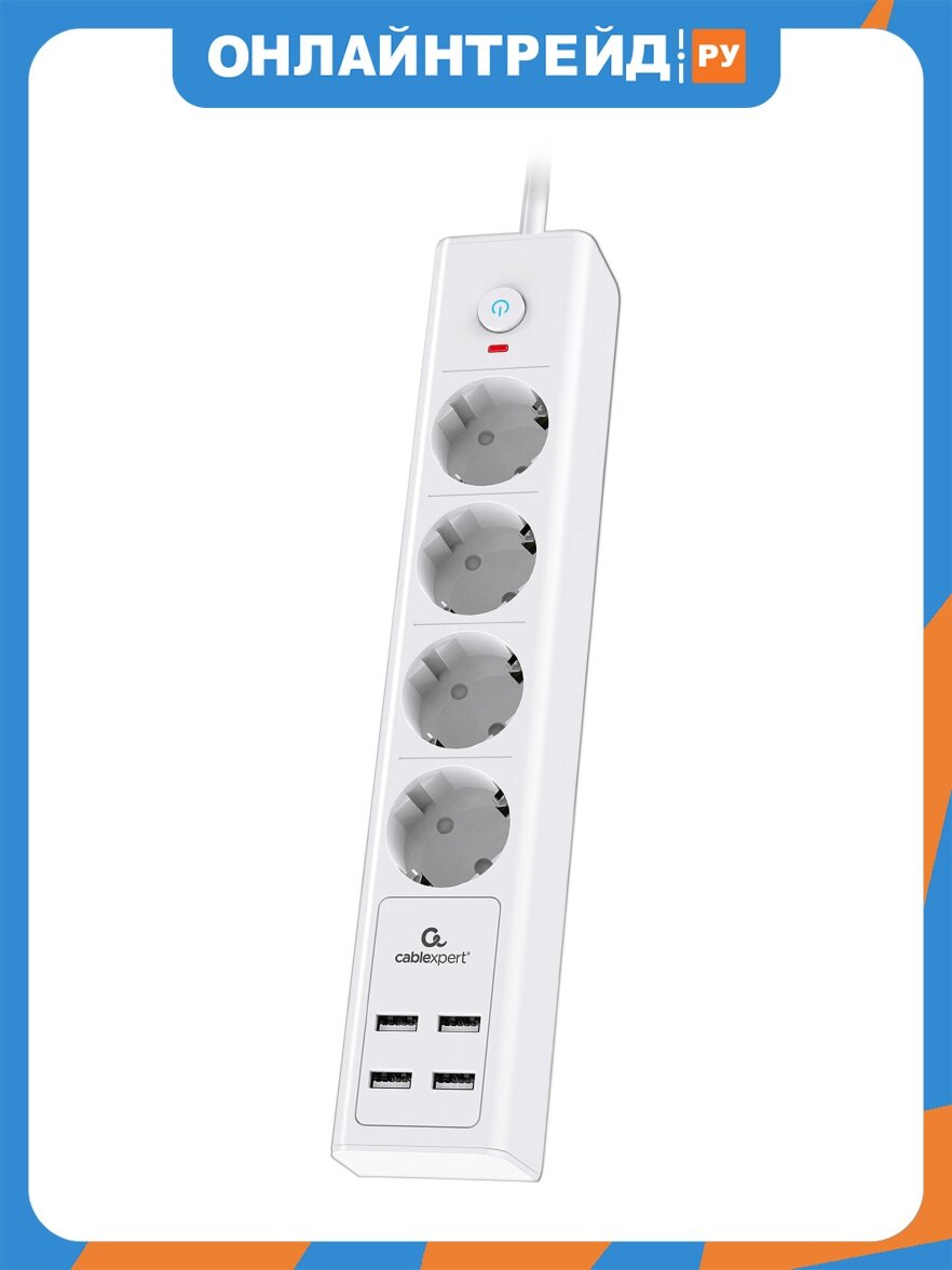 Сетевой фильтр Cablexpert Exnovo, 4 розетки, 4хUSB, 2м, белый, коробка