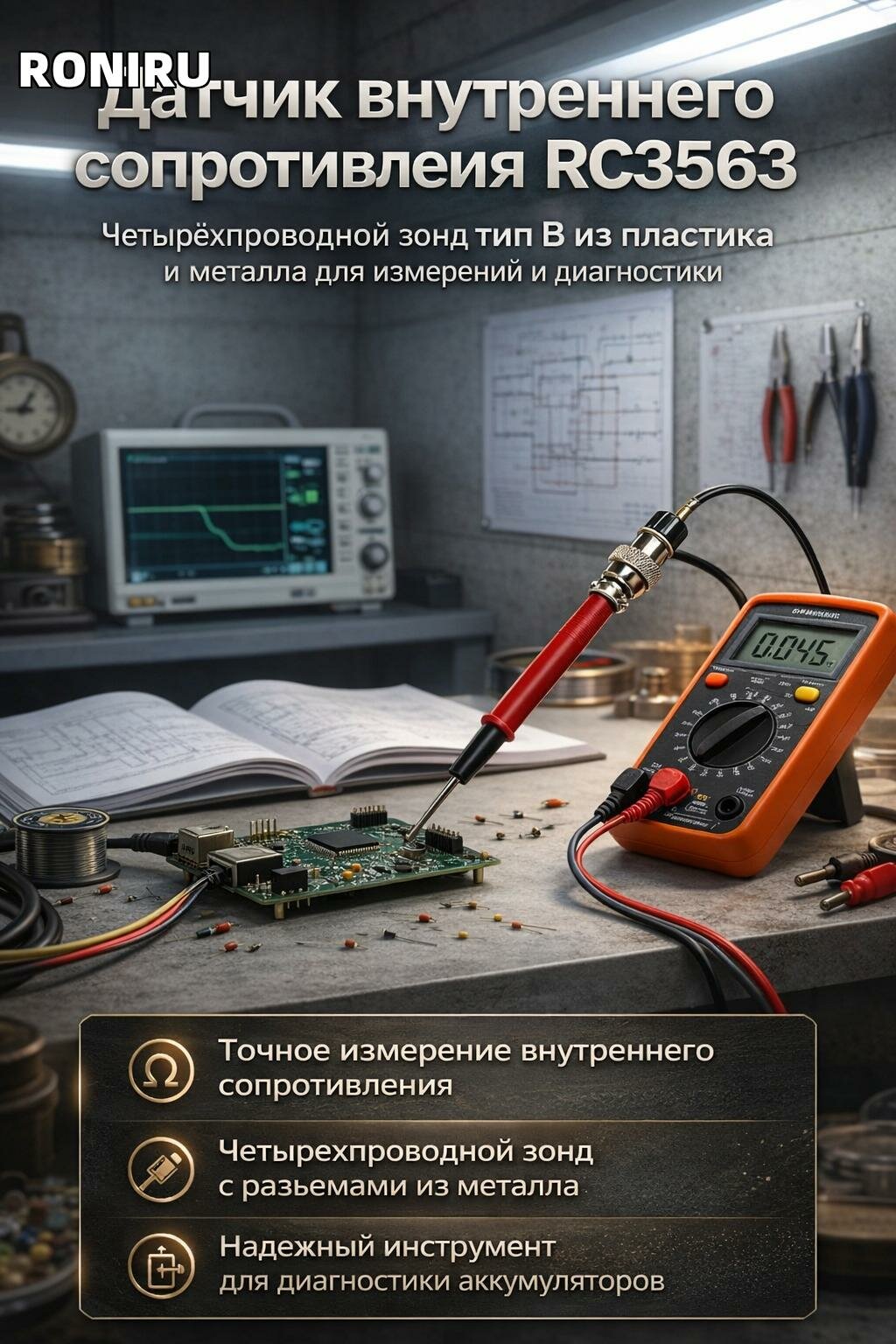 Датчик внутреннего сопротивления RC3563, четырехпроводной зонд тип B из пластика и металла для измерений и диагностики