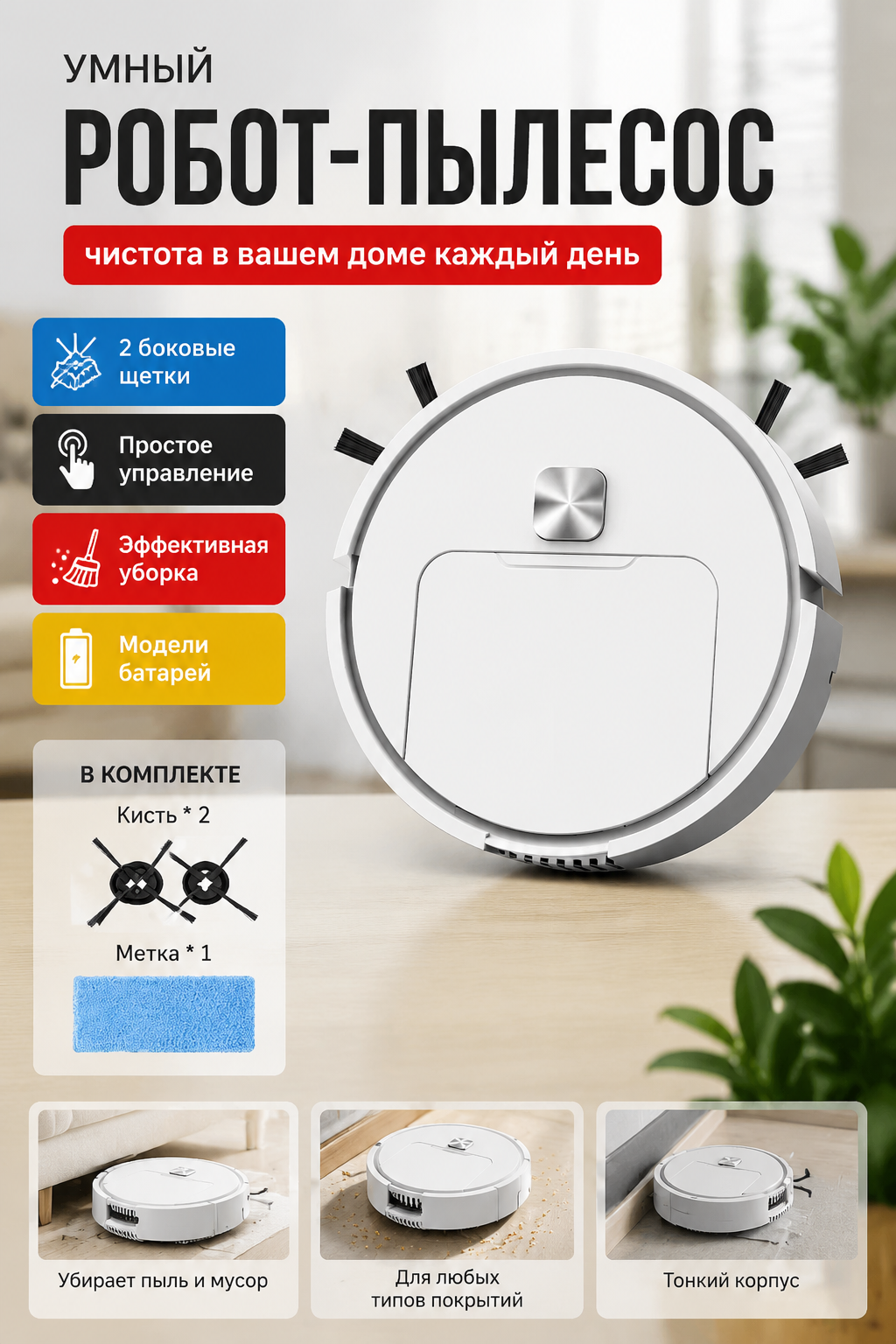 Белый робот-пылесос с 2 кистями и 1 меткой, круглый, для дома, автоматический