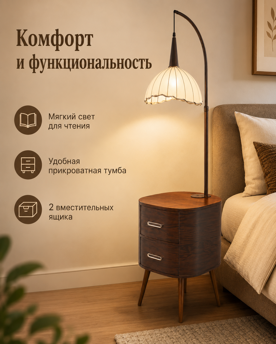 Комплект торшера и прикроватной тумбы из дерева, аркообразная гибкая ножка для чтения в кровати — фото 1