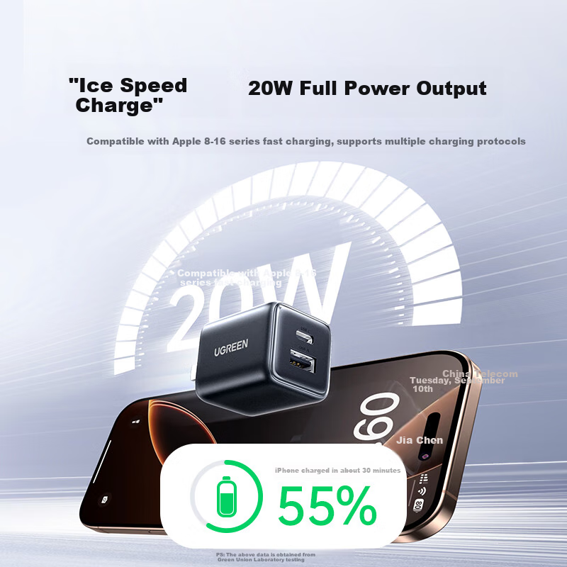 UGREEN 20W двухпортовый GaN быстрый зарядный адаптер для iPhone 17/16/15 Pro Max Air, Huawei и Xiaomi Цвет：Быстрая