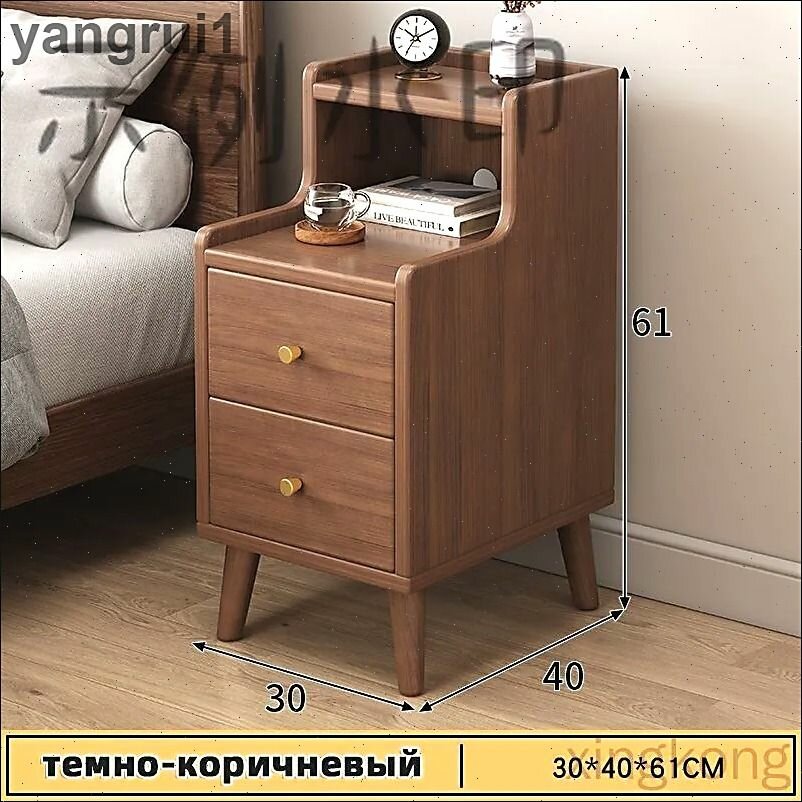 Прикроватная тумбочка 2 ящика 30x40x61 см, деревянная с открытой полкой и мозаичной отделкой, современный дизайн
