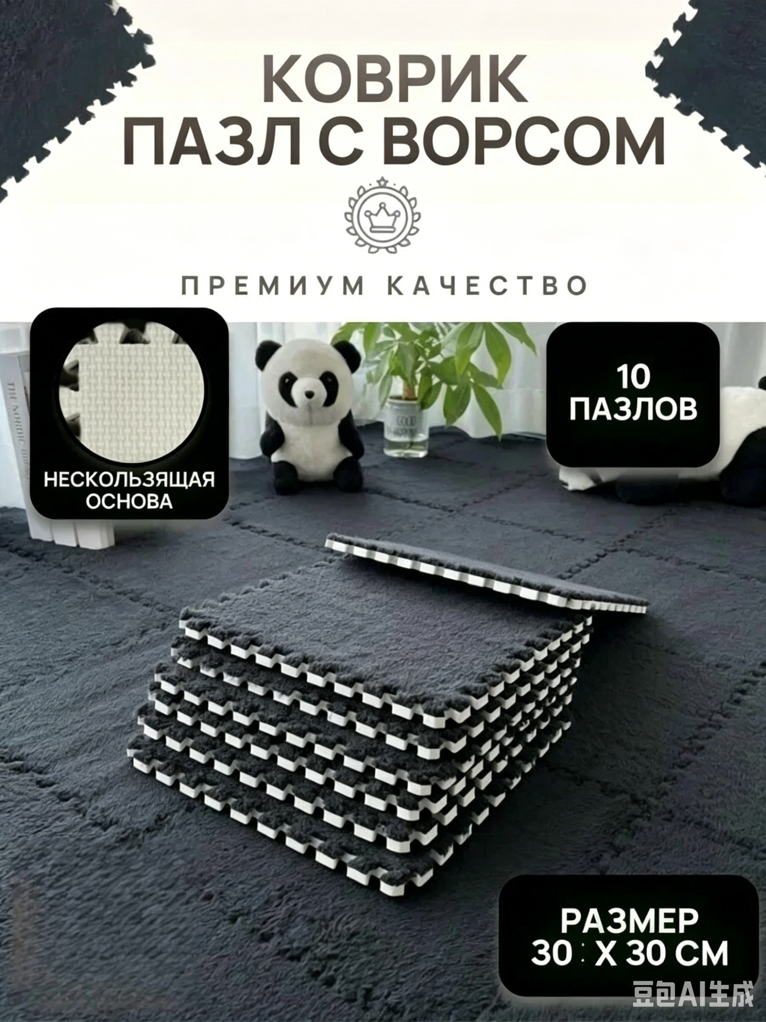 Коврик пазл "Jigsaw", модульный, плюшевый ворс, мягкий, черный матовый, 30x30 см，10 пазлов