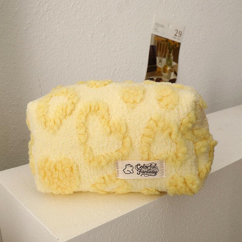 Girl heartshaped plush cosmetic pouch with hanging loop and stylish korean style for girls yellow