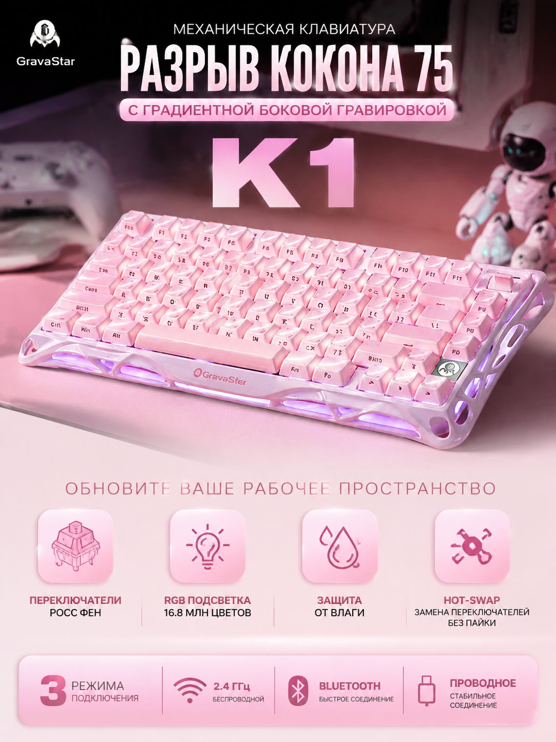 Механическая клавиатура Gravastar K1, игровая, защита от влаги, подсветка клавиш, светло-розовая