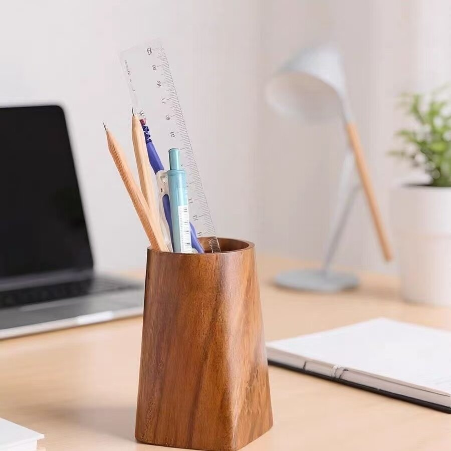 Round whole wood storage tube, wooden pen holder desktop storage,6*10*6cm