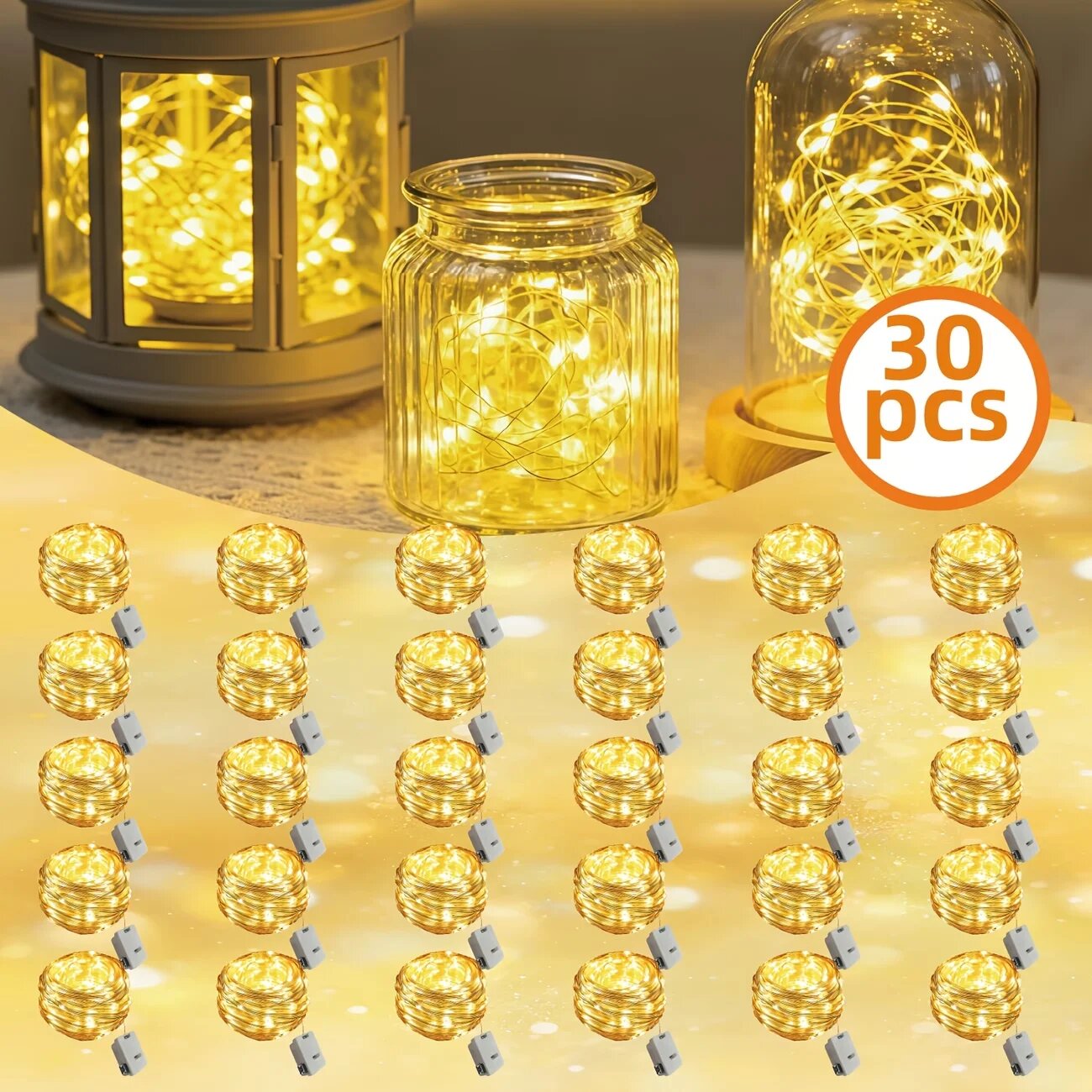Мини-гирлянды LED 10/20/30 шт, 3 режима Желтый, Warm White, 2M20LED
