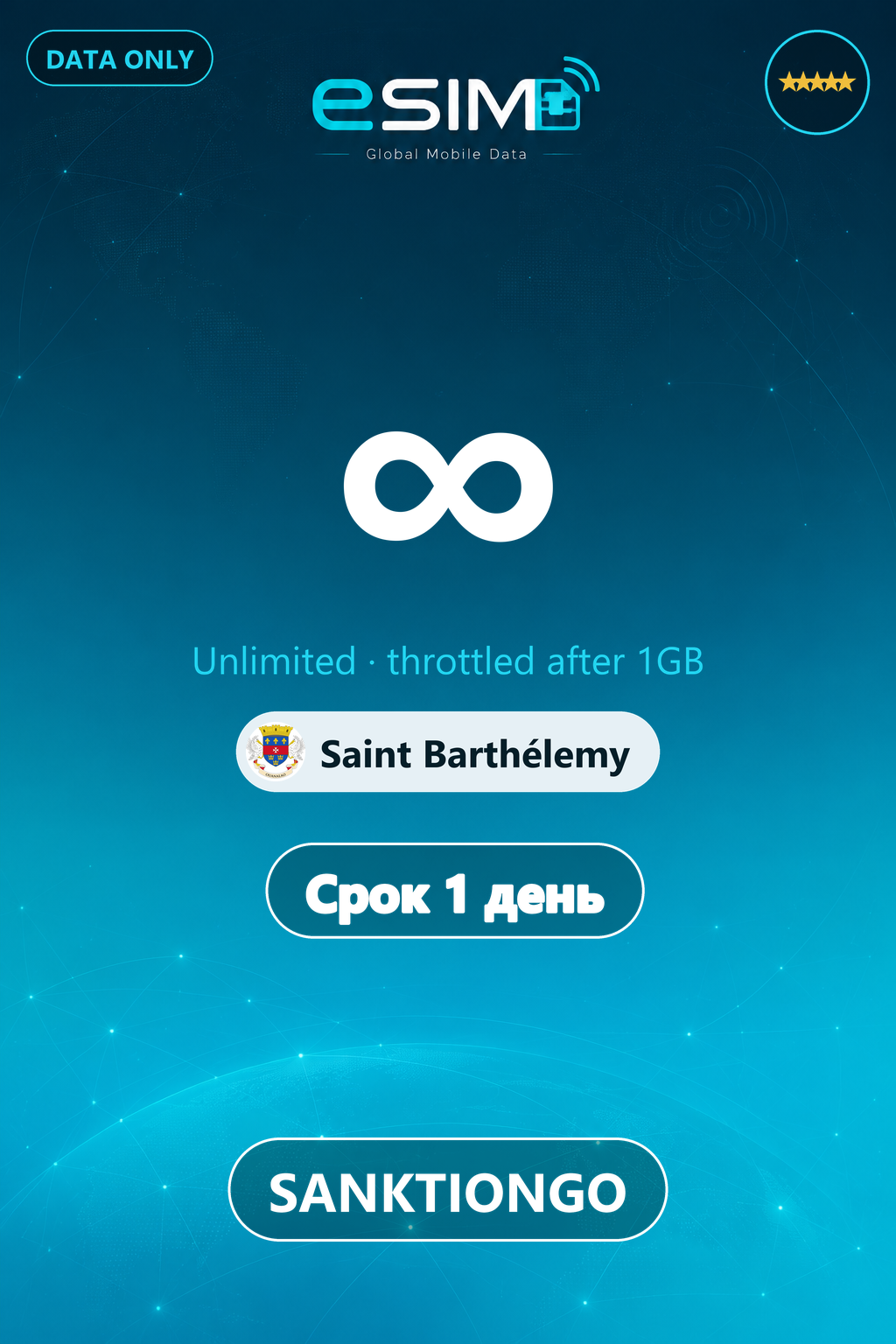 ESIM Сен-Бартелеми — безлимит интернета на 1 день, туристическая сим-карта для интернета в поездках