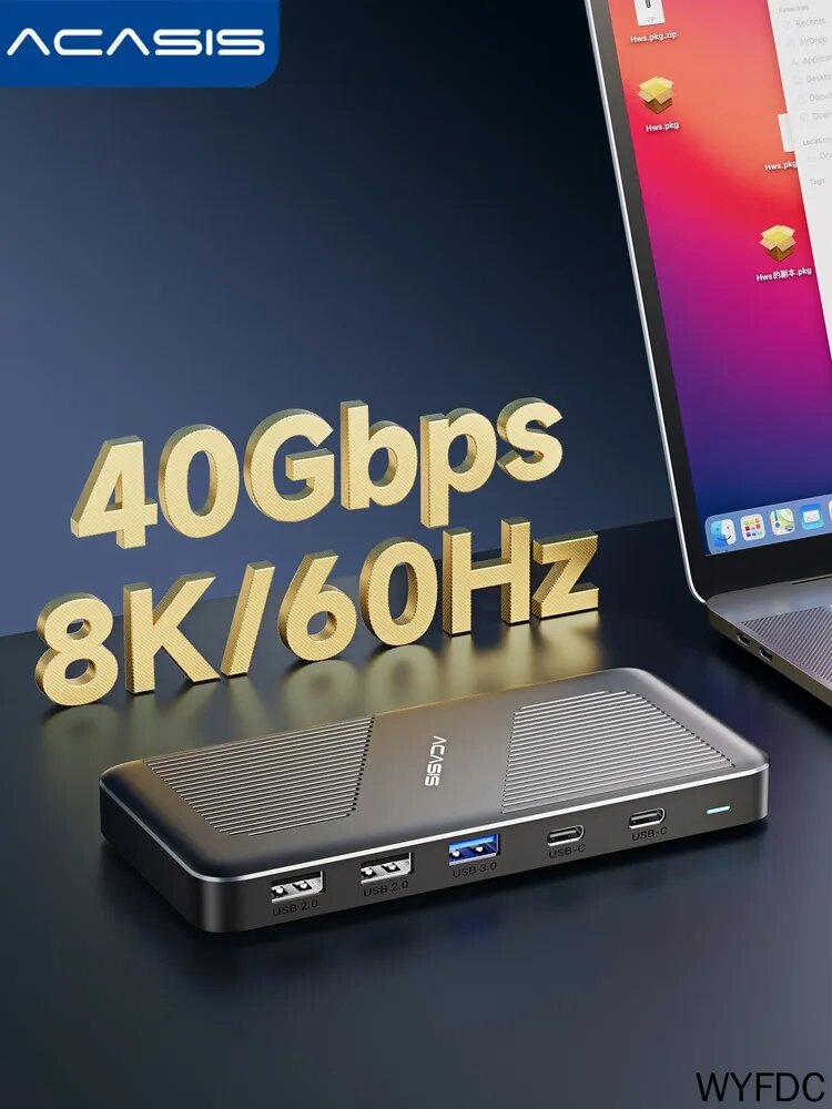 Acasis Док-станция Thunderbolt 4, 40 Гбит/с, 1TBT4 + 1DP, 100W PD, USB3.2 Gen2 / USB2.0, 8K / 4K, с GaN 65W адаптером, для Mac и Windows (DS-9003-EU)