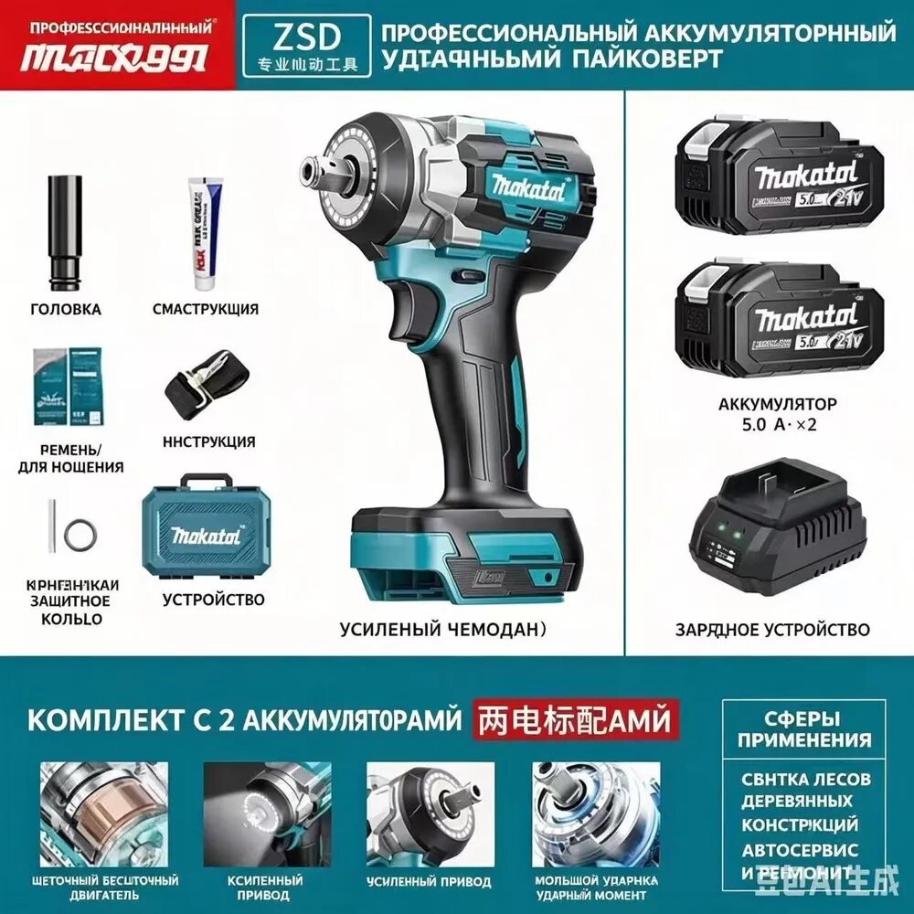 OKALEE 4100Нм 3/4' Гайковерт аккумуляторный ударный мощный бесщеточный-2 АКБ 9,0 Ач
