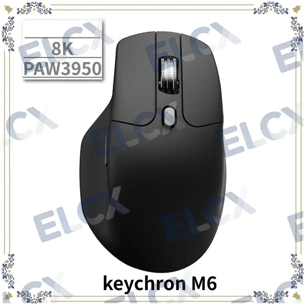 Keychron M6 8K Мышь Беспроводная, Три Режима 2,4 ГГц, Эргономичный Дизайн, Сенсор PAW3950, Полностью Бесшумные Клавиши